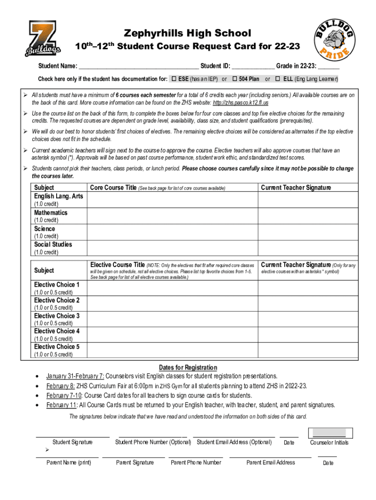 Fillable Online zhs pasco k12 fl 10th12th Student Course Request Card ...