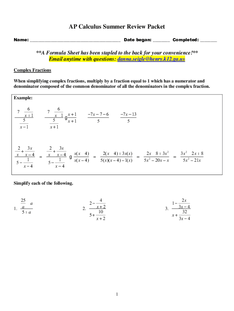 Fillable Online schoolwires henry k12 ga AP Calculus Mrs. Enos SUMMER ...