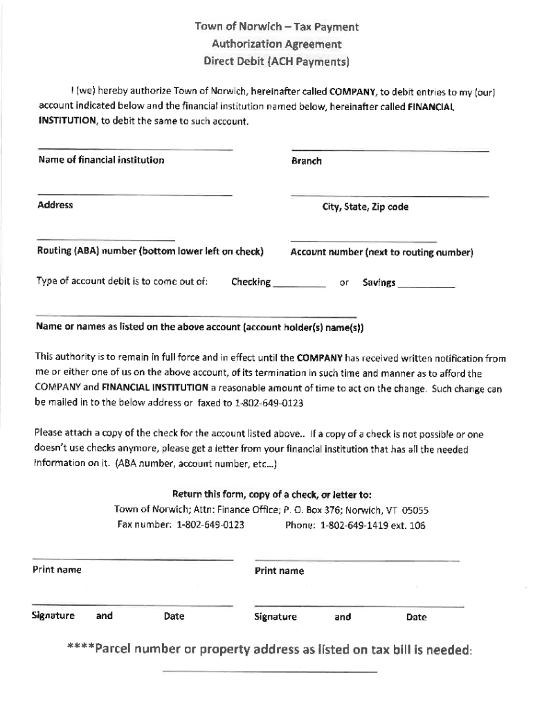 Fillable Online norwich vt ach-direct-deposit-payment-authorization ...
