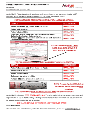 Fillable Online pre-transfusion request form mandatory labelling ...