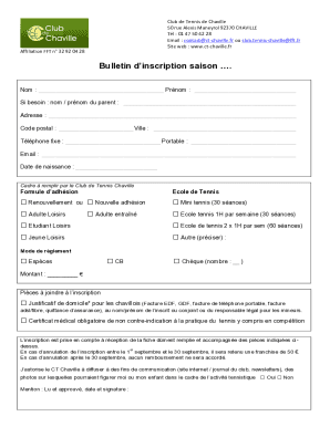 Remplissable En Ligne Bulletin d'inscription saison . Faxer Email Imprimer - pdfFiller