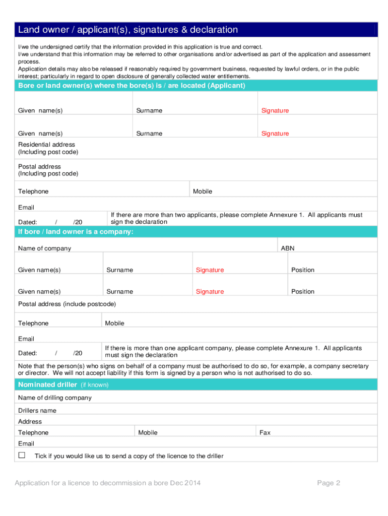 Fillable Online Application for a licence to decommission a bore(s) Fax Email Print - pdfFiller