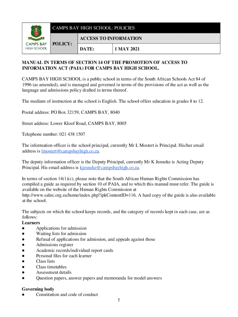 Fillable Online PAIA MANUAL TEMPLATE 2021 Promotion of Access to ...