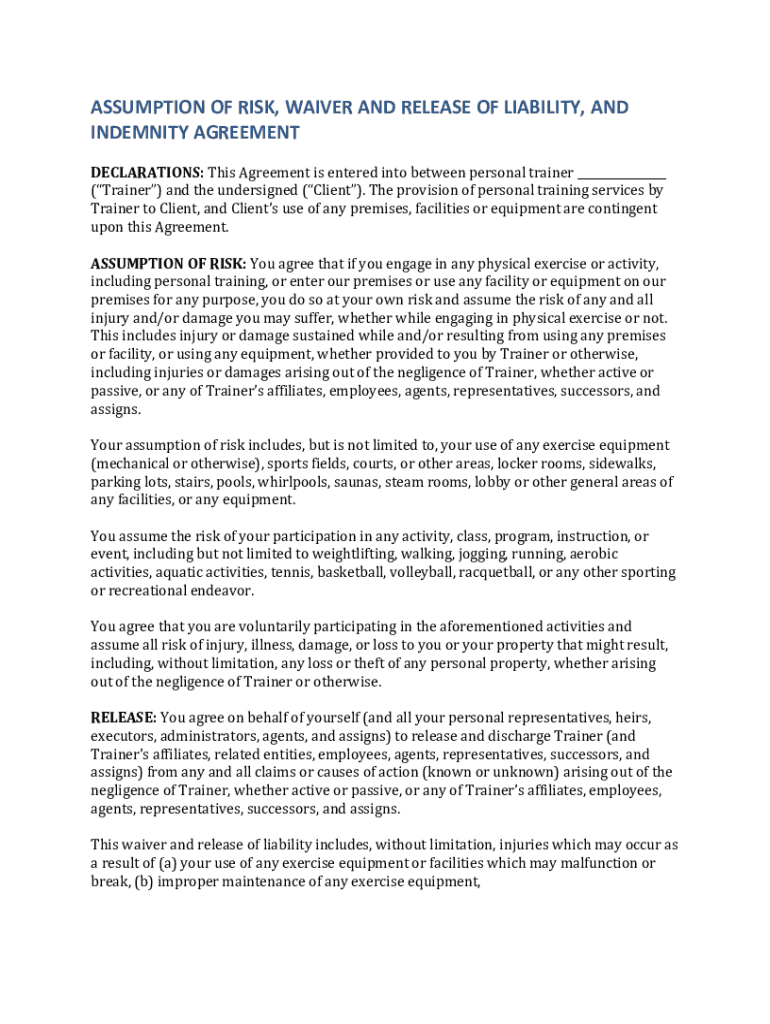 Fillable Online Free Personal Training Waiver and Release Form - PDF ...