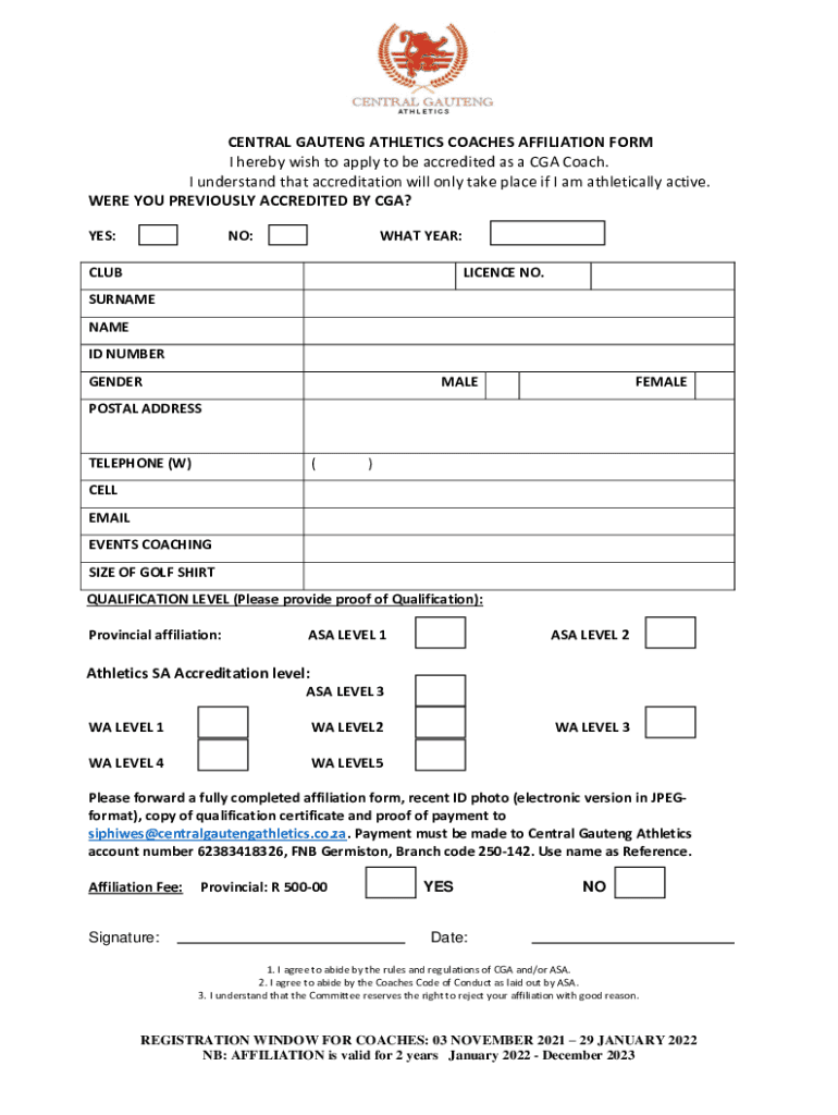 Fillable Online central gauteng athletics coaches affiliation form Fax ...