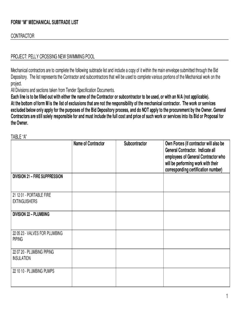 Fillable Online form m mechanical subtrade list contractor project ...