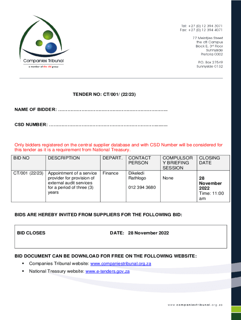 Fillable Online TENDER NO: CT/001/ (22/23) NAME OF BIDDER Fax Email ...