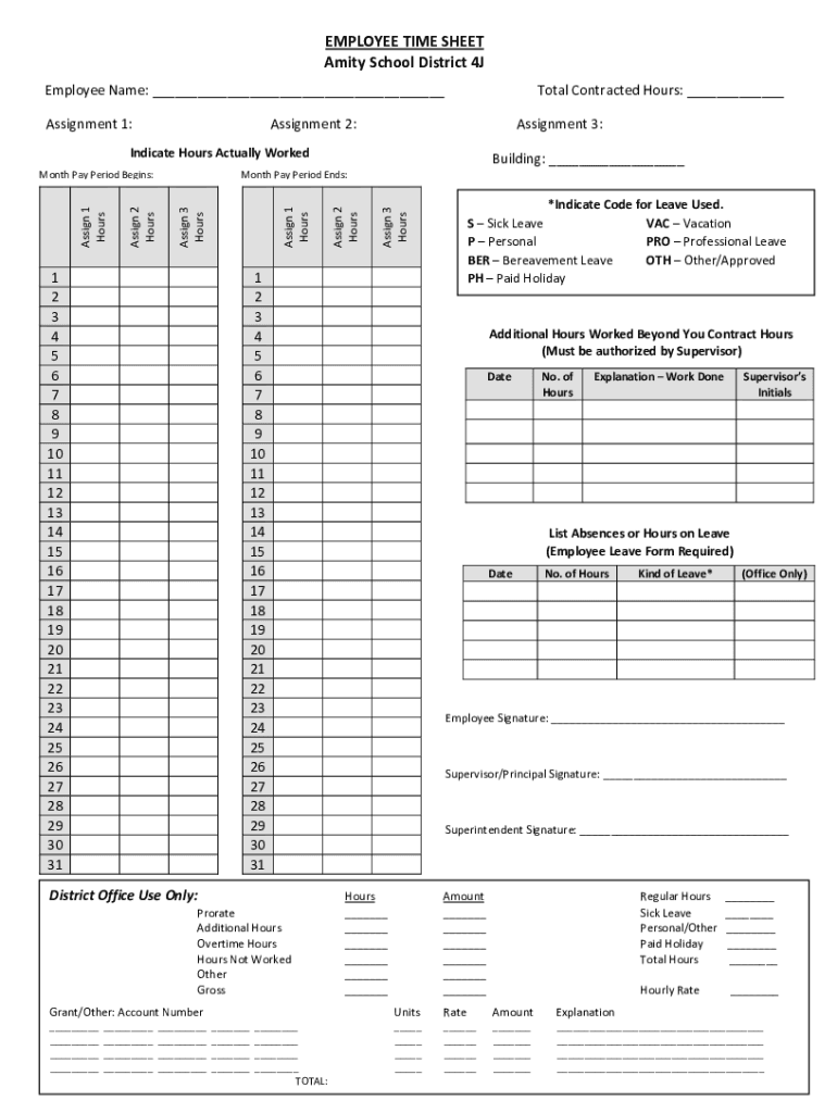 Fillable Online EMPLOYEE TIME SHEET Amity School District 4J Fax Email ...