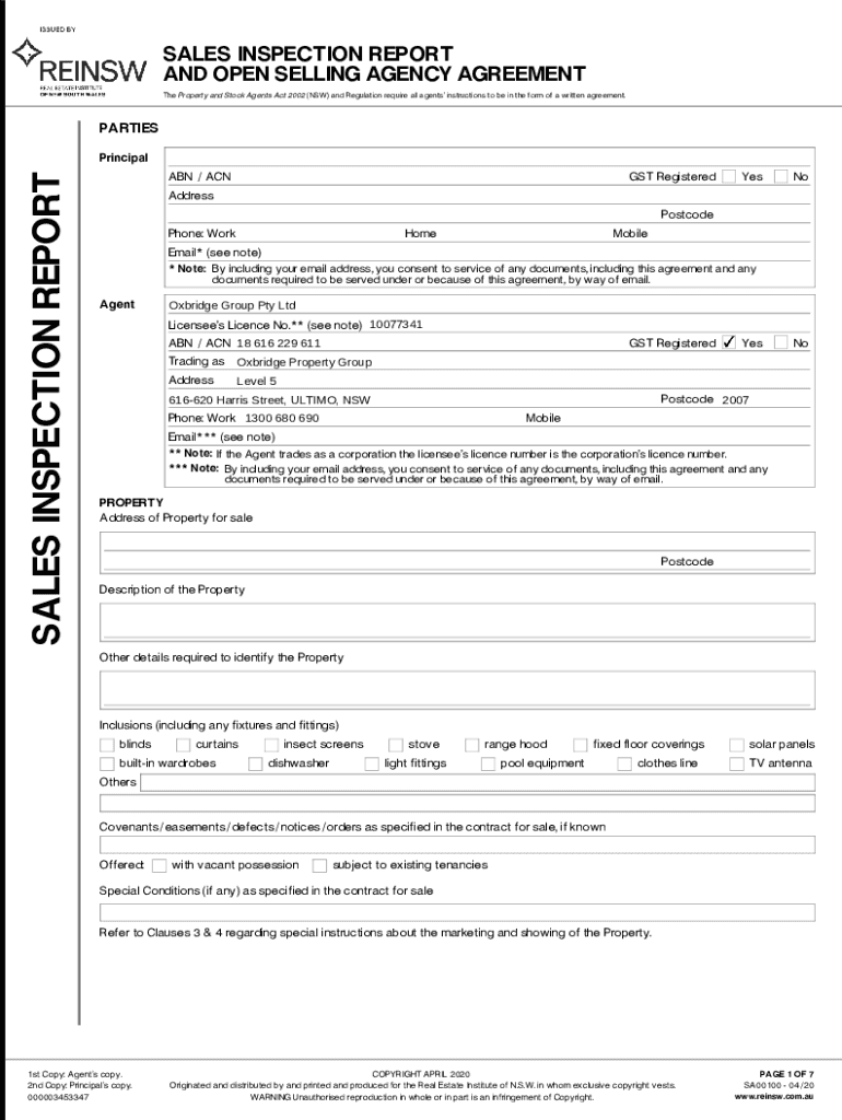 Fillable Online Sales Inspection Report and Open Selling Agency ... Fax ...