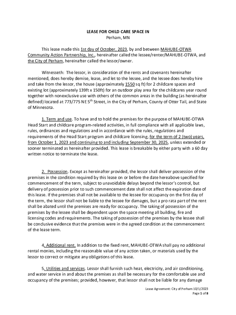 Fillable Online LEASE FOR CHILD CARE SPACE IN Perham, MN This lease ...