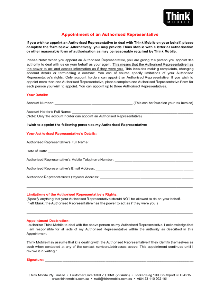 Fillable Online If you wish to appoint an Authorised Representative to deal with Think Mobile on ...