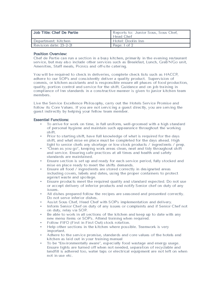 Fillable Online Chef de Partie job description template Fax Email Print ...