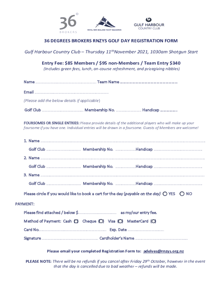 Fillable Online 36 degrees brokers rnzys golf day registration form Fax ...