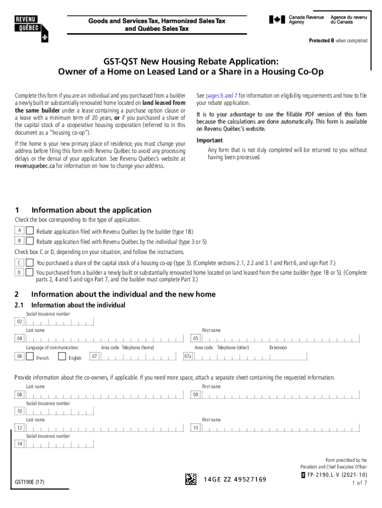Fillable Online GST-QST New Housing Rebate Application: Owner of a ...