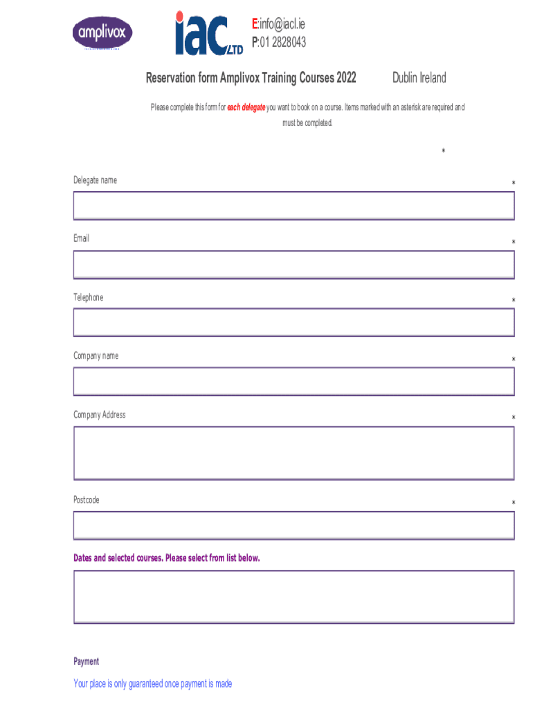 Fillable Online Reservation form Amplivox Training Courses 2022 Dublin ... Fax Email Print ...