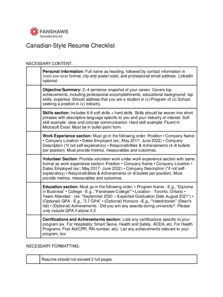 Fillable Online Canadian-Style Resume Checklist Fax Email Print - pdfFiller
