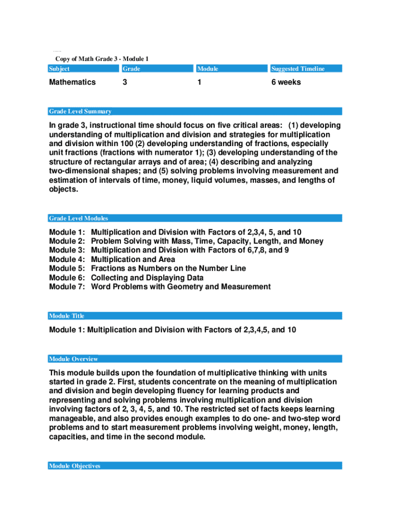 Fillable Online Mathematics 3 1 6 weeks In grade 3, instructional time ...
