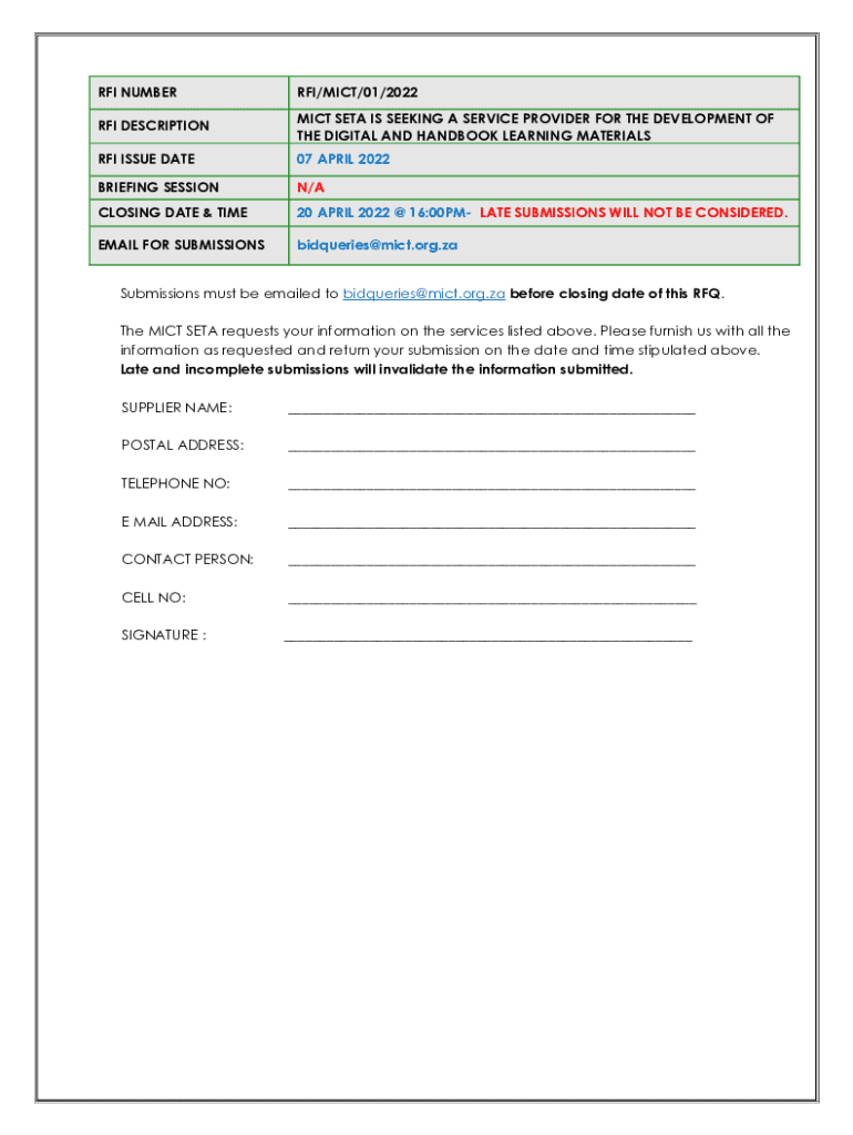 Fillable Online RFI DESCRIPTION Fax Email Print - pdfFiller