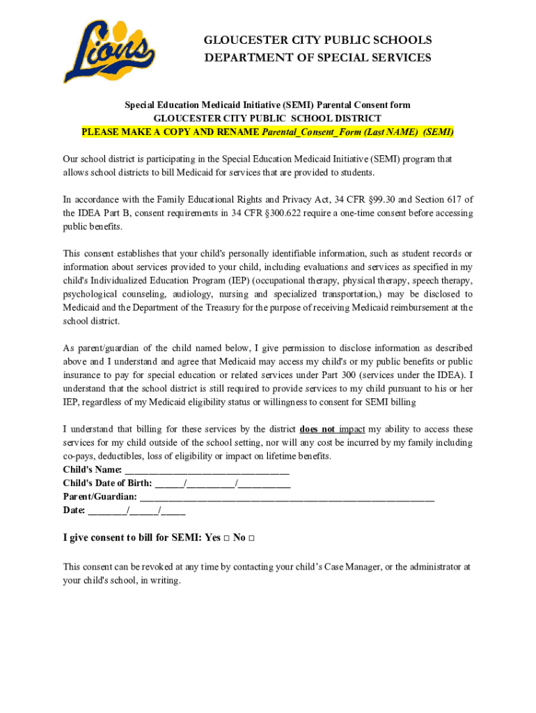 Fillable Online Special Education Medicaid Initiative Parental Consent ...