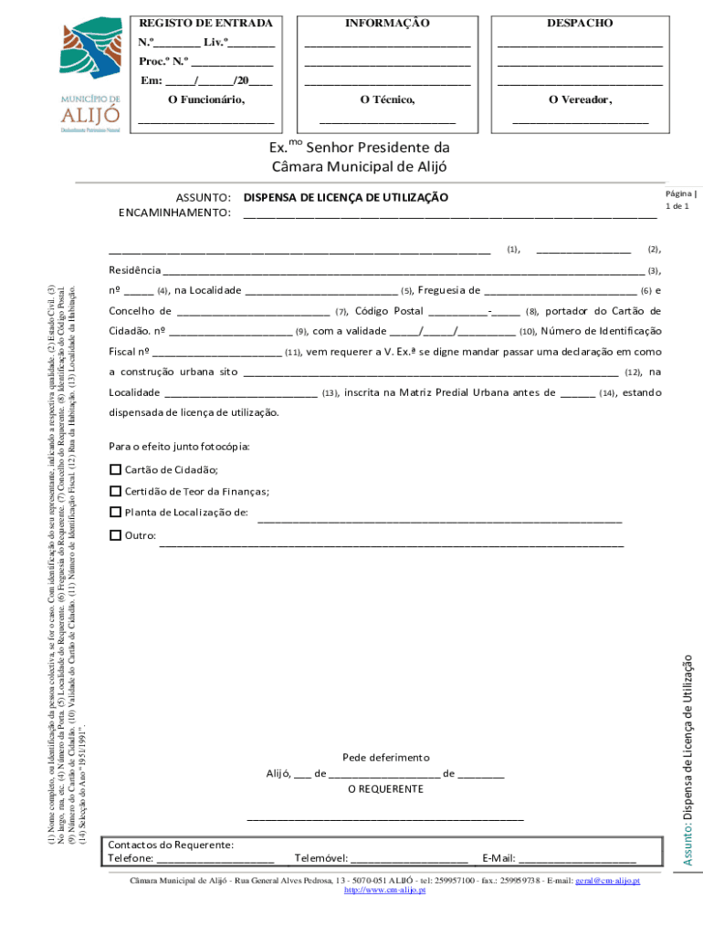 Preenchível Disponível Dispensa de Licena de Utilizao. Dispensa de ...