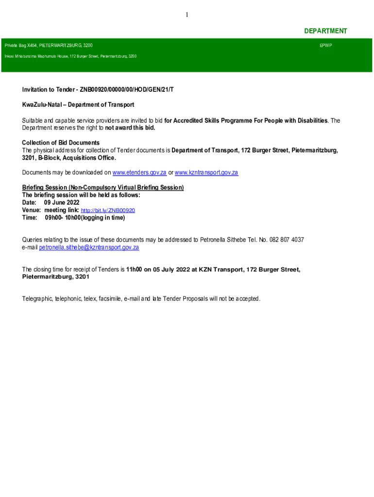 Fillable Online Tender Document ZNB00920/00000/00/HOD/GEN/21/T Fax ...