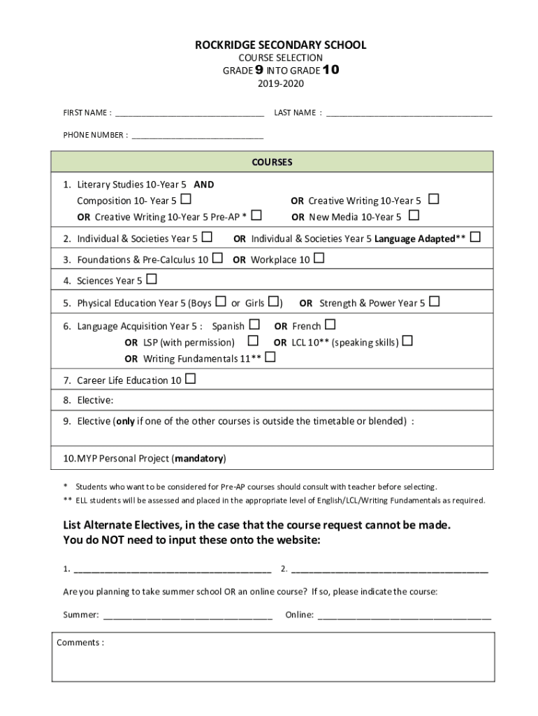 Fillable Online GRADE 9 INTO GRADE 10 Fax Email Print - pdfFiller