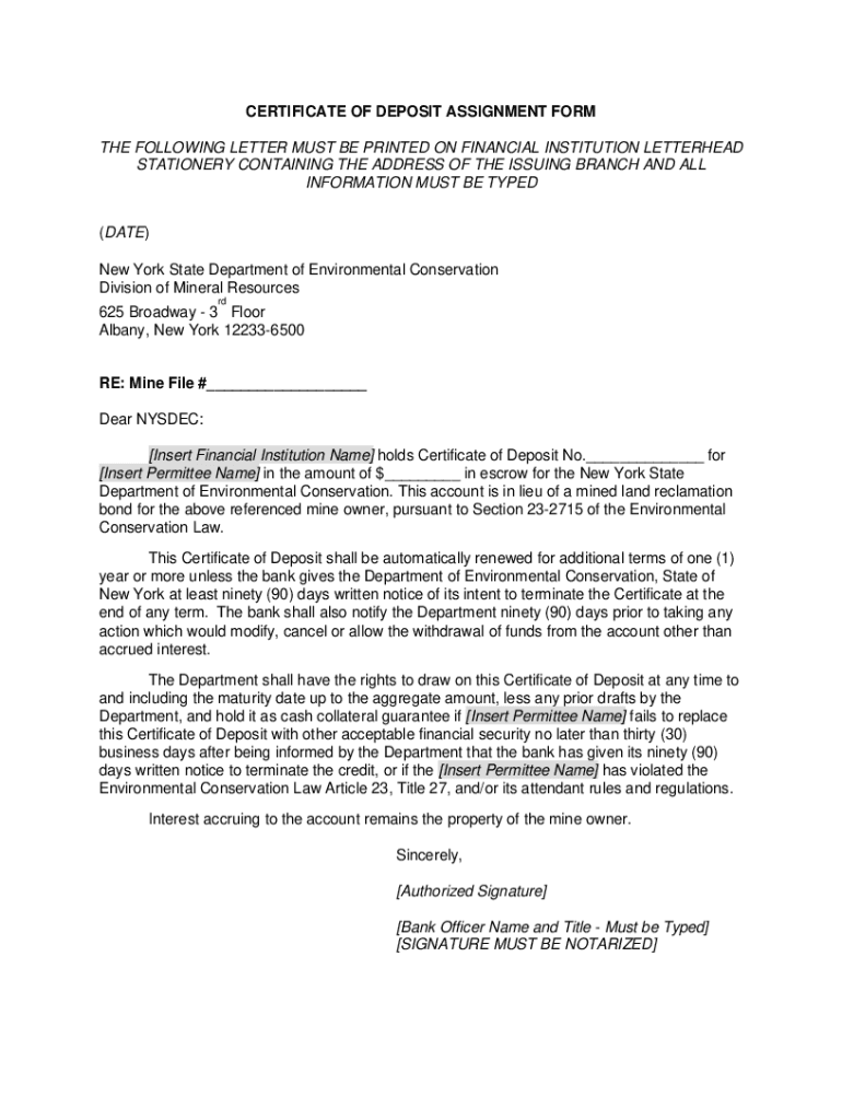 Fillable Online Certificate of Deposit Assignment Form. Certificate of ...