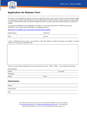 Fillable Online Application for Release Form - AIM Institute Fax Email ...