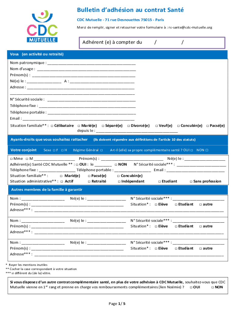 Remplissable En Ligne Bulletin d'adhsion au contrat Sant Faxer Email Imprimer - pdfFiller