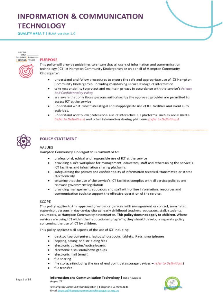 Fillable Online technology (ICT) at Hampton Community Kindergarten or on behalf of Hampton ...