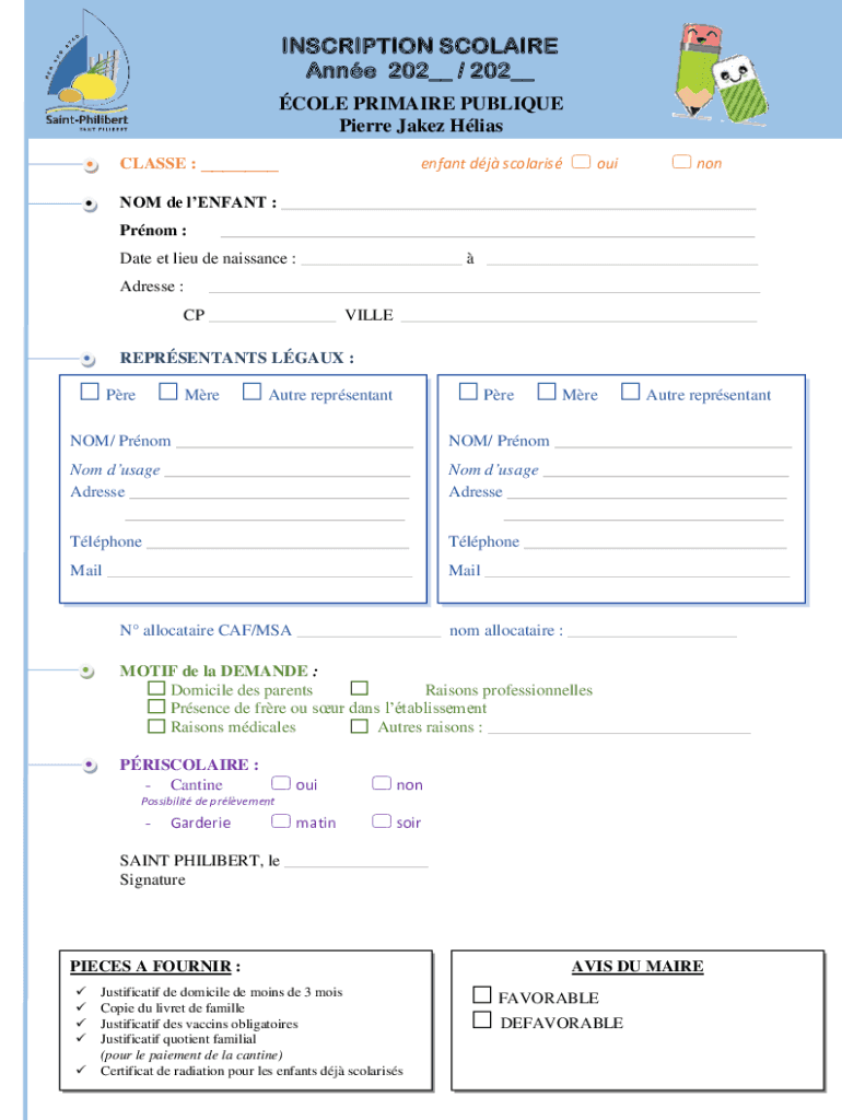 Remplissable En Ligne INSCRIPTION SCOLAIRE Anne 202 / 202 Fax Email Imprimer - pdfFiller