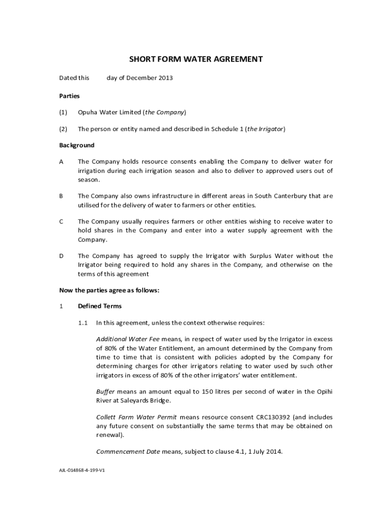Fillable Online SHORT FORM WATER AGREEMENT Fax Email Print - pdfFiller