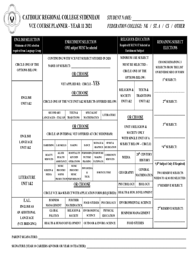Fillable Online vce-vet-year-11-subject-selection-form. ... Fax Email ...