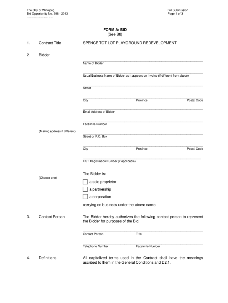Fillable Online FORM A: BID (See B8) 1. Contract Title SPENCE TOT LOT ...