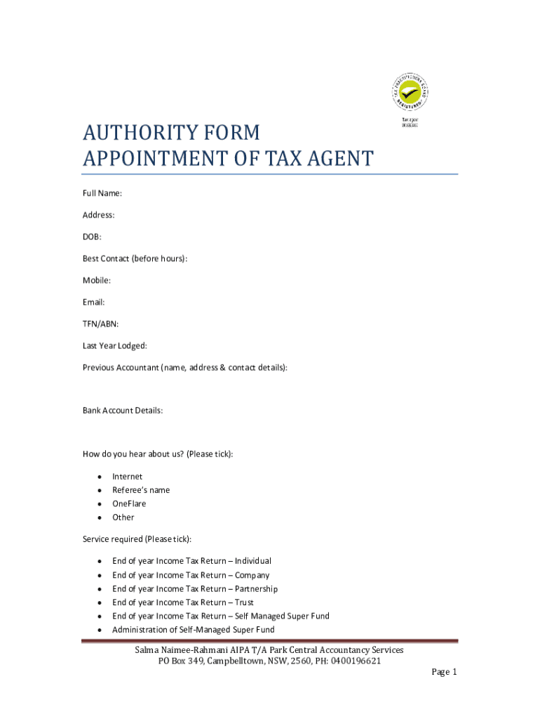 Fillable Online AUTHORITY FORM APPOINTMENT OF TAX AGENT Fax Email Print ...