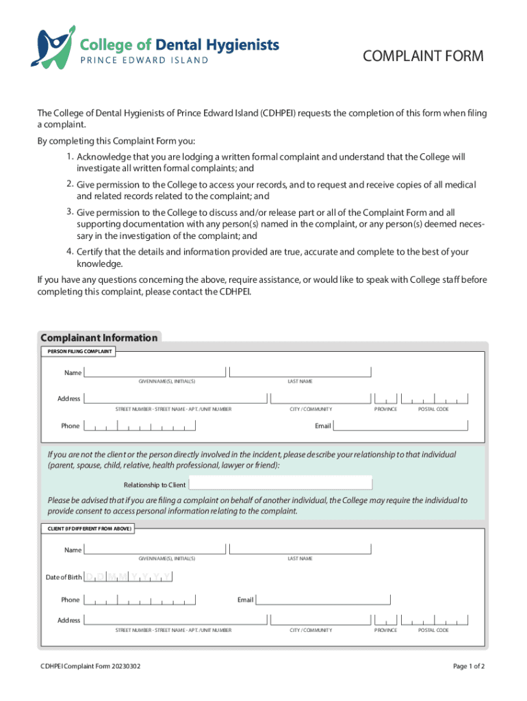 Fillable Online College of Dental Hygienists of PEI - Complaint Form ...