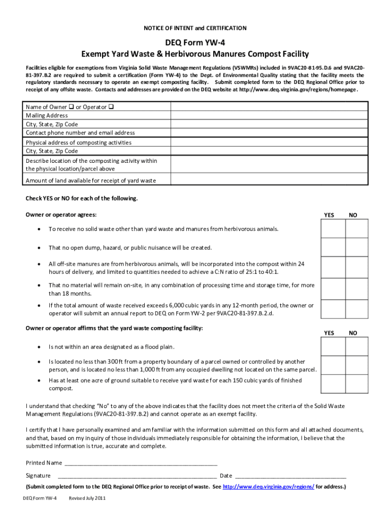 Fillable Online DEQ Form YW-4 Exempt Yard Waste & Herbivorous Manures ...