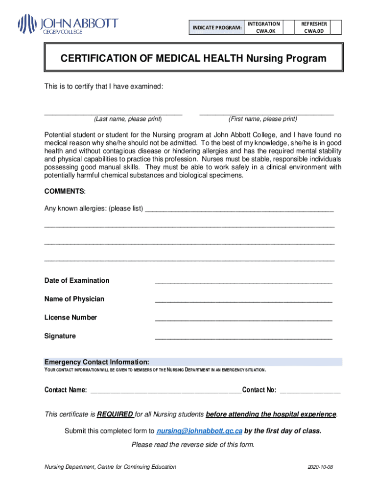 Fillable Online Allied Health and Nursing Student Medical Form Fax ...