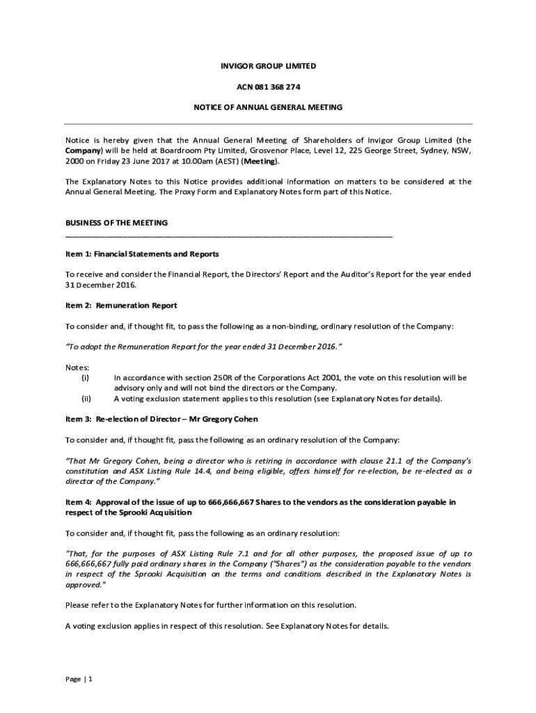Fillable Online INVIGOR GROUP LIMITED ACN 081 368 274 NOTICE OF ANNUAL ...