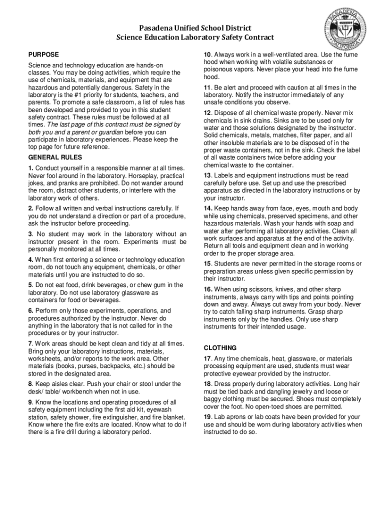 Fillable Online student laboratory safety contract - required for all ...
