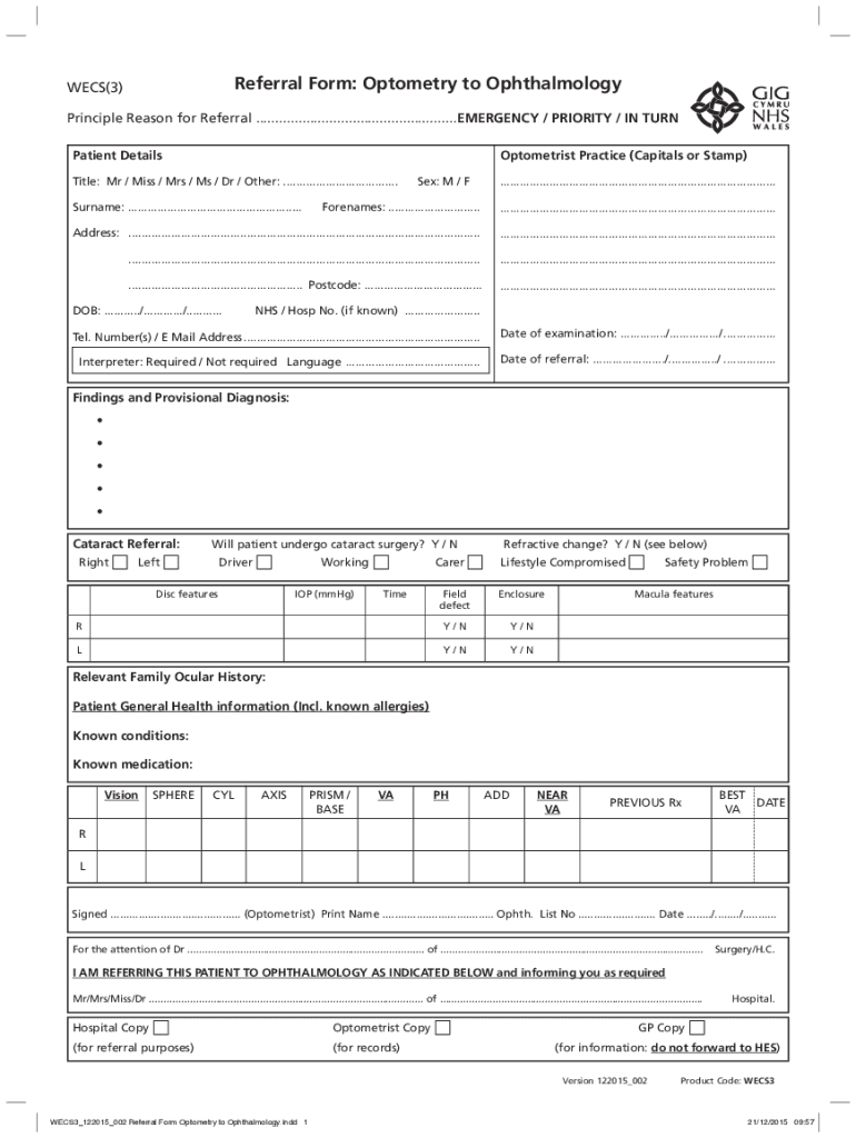 Fillable Online Referral Form: Optometry to Ophthalmology Fax Email ...