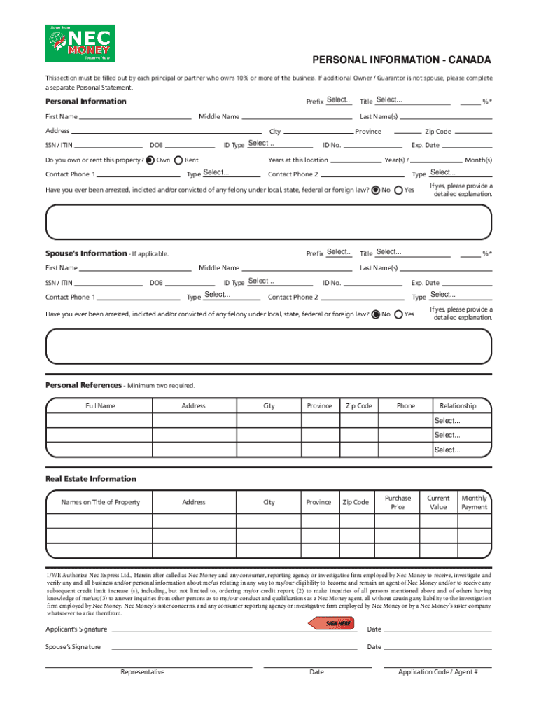 Fillable Online PERSONAL STATEMENT - CANADA - Nec Money Canada Fax ...