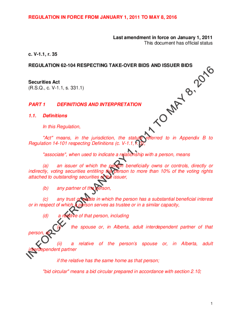 Fillable Online lautorite qc REGULATION 62-104 RESPECTING TAKE-OVER ...