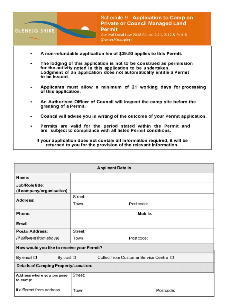 Fillable Online Application to Camp on Private or Council Managed Land ...