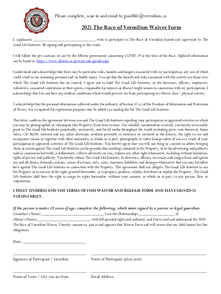 Fillable Online 2021 The Race of Vermilion Waiver Form - The Good Life Institute Fax Email Print ...