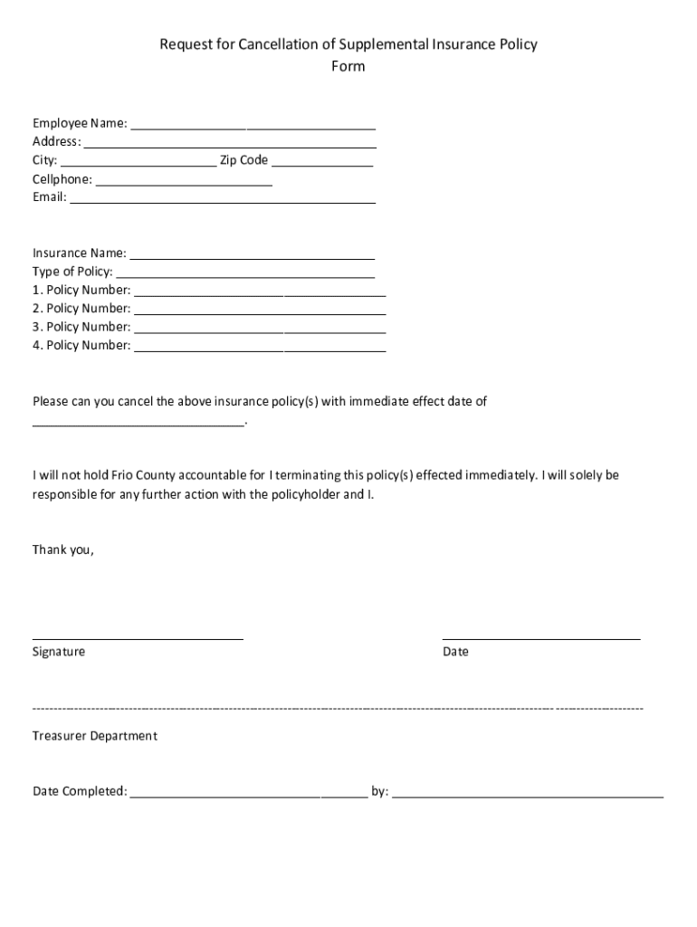 Fillable Online Request for Cancellation of Supplemental Insurance ...