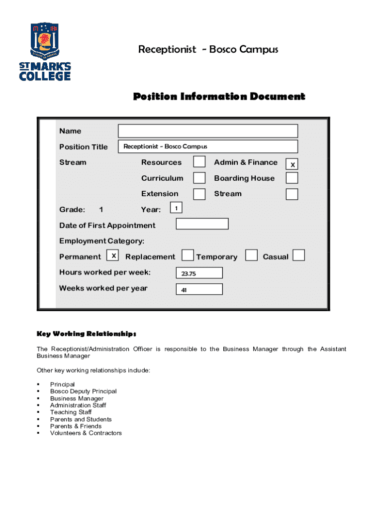 Fillable Online Receptionist - Bosco Campus Position Information ...