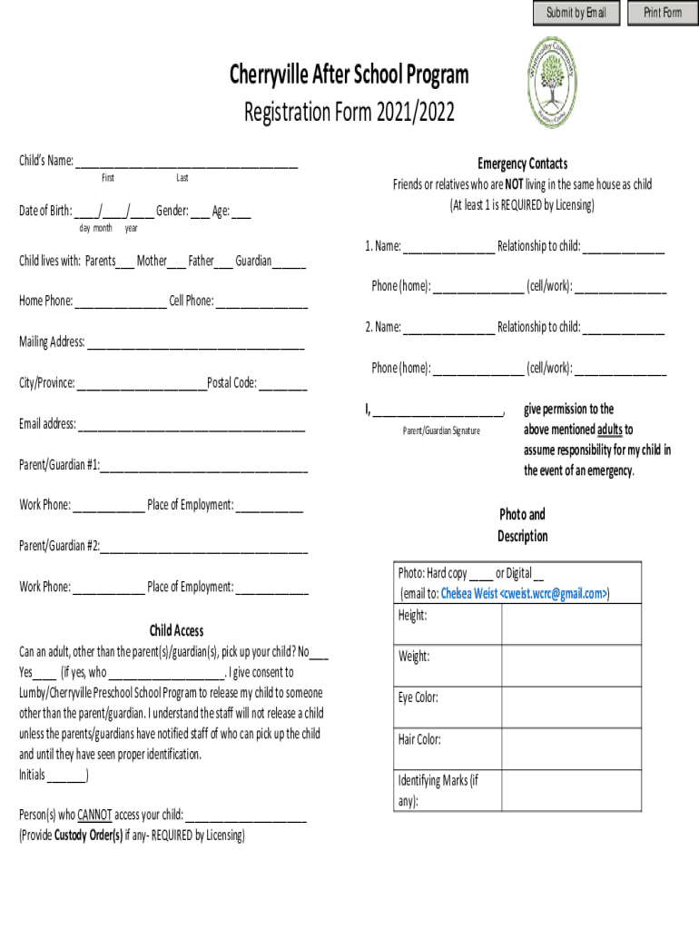 Fillable Online Child Registration Form - Sunbury - Noah's Ark Learning Center Fax Email Print ...