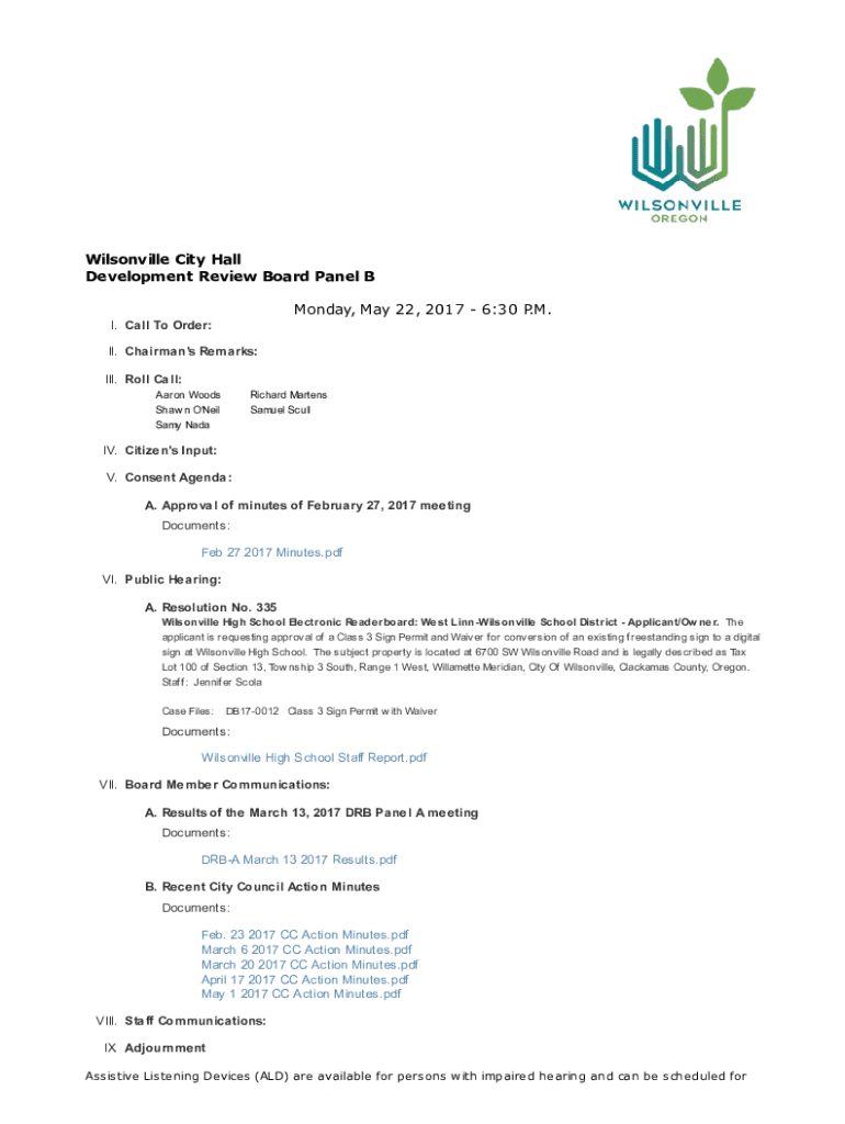 Fillable Online Wilsonville City Hall Development Review Board Panel B ...