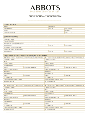 Fillable Online SHELF COMPANY ORDER FORM Fax Email Print - pdfFiller